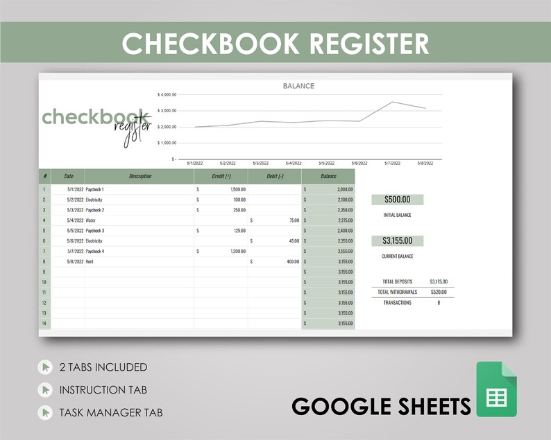 Google Sheets Checkbook Register Template, Account Tracker (digital ...