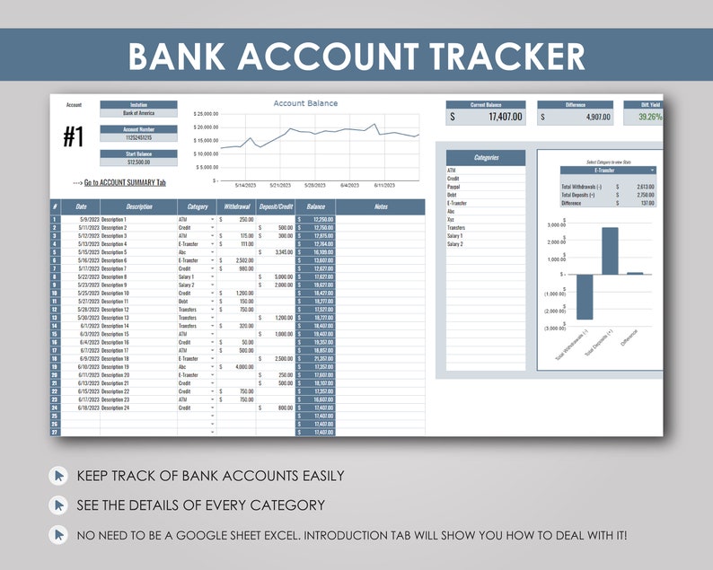 Bank Account Tracker: Google Sheet Finance Organizer Expense Monitoring ...