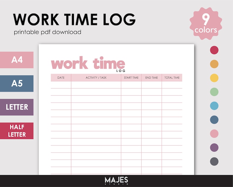 Work Time Tracker, Printable Time Log, Printable Work Log, Project Time ...
