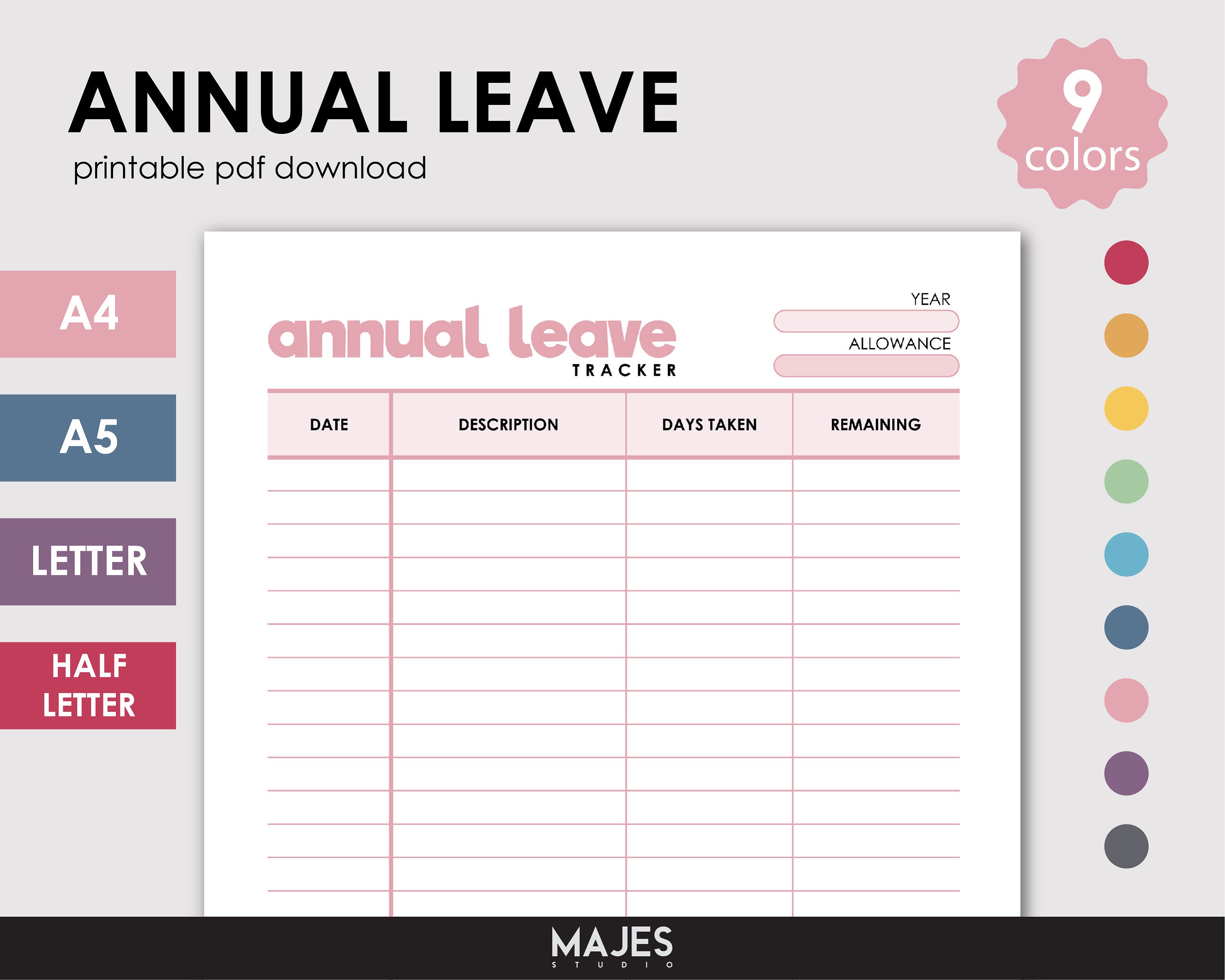 Annual Leave List, Annual Leave Log, Printable Days Off, Work Leave ...