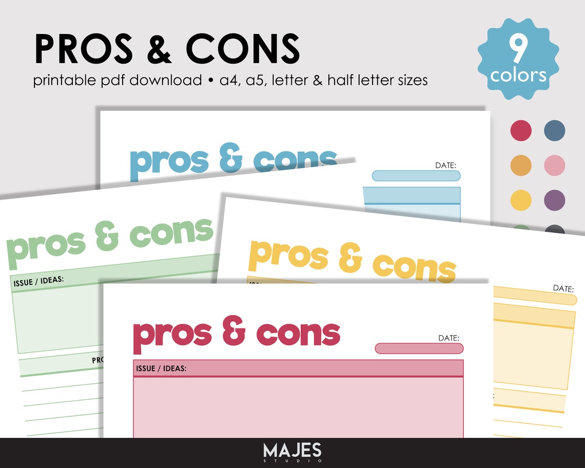 Pros and Cons Sheet Pros and Cons Pdf Printable Pros List - Etsy
