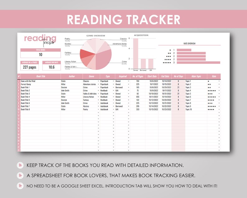 Reading Log Book Log Reading Tracker Book Spreadsheet - Etsy