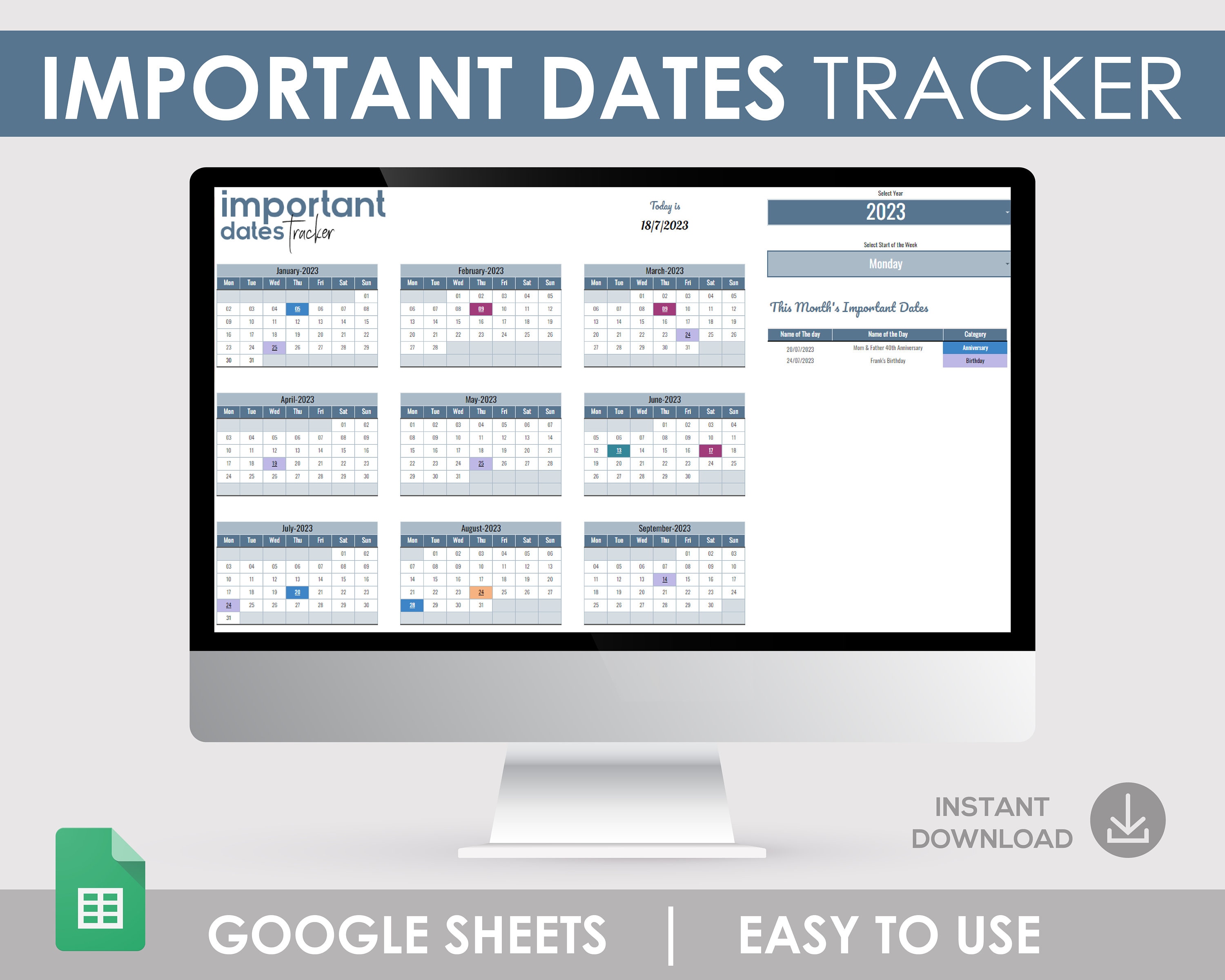 Important Dates, Date Tracker, Google Sheet, Event Planner, Calendar ...