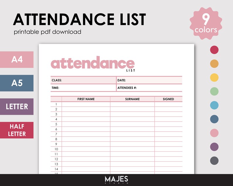 Printable Attendance Tracker, Homeschool & School, 9 Colors (digital ...