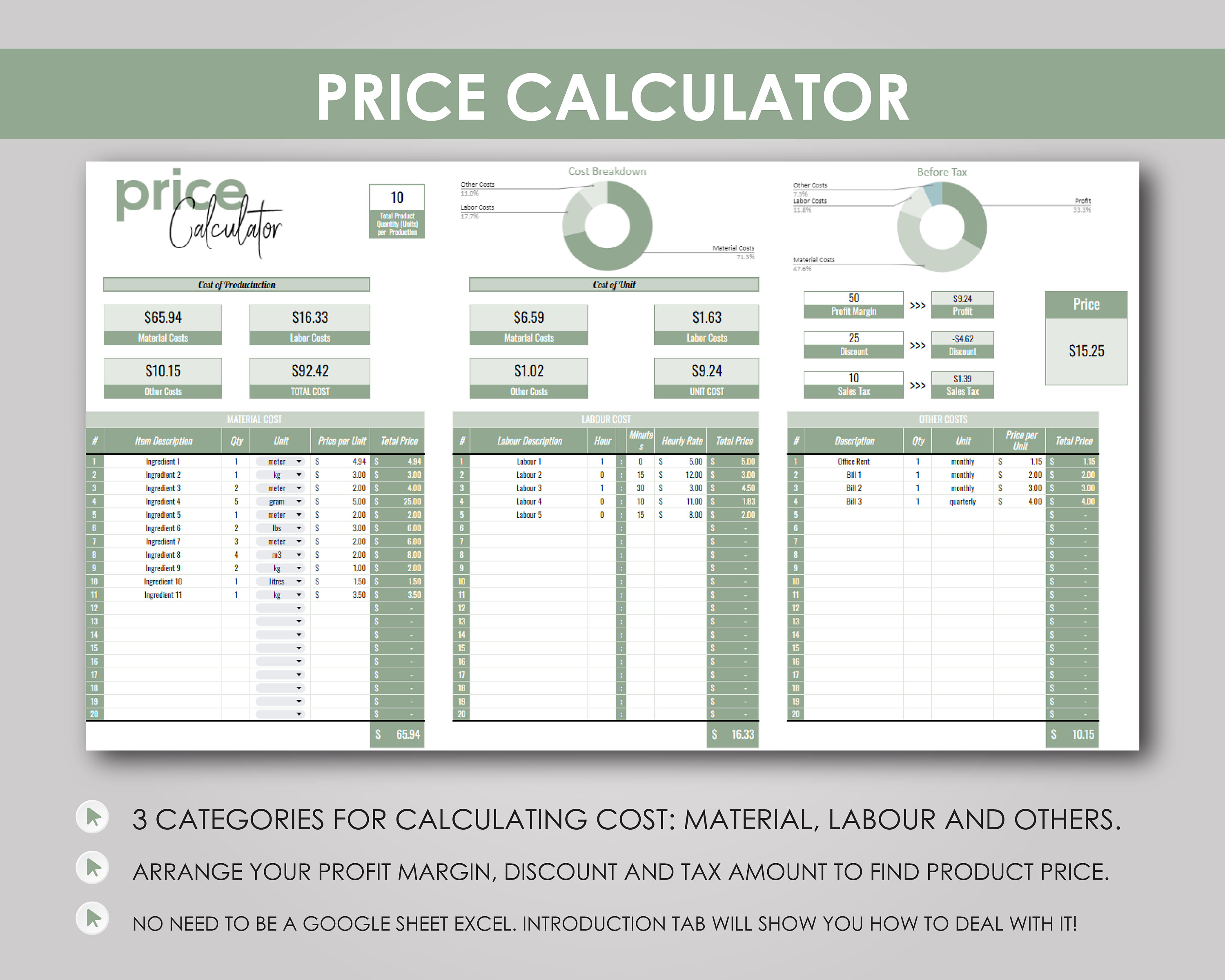 Product Pricing, Spreadsheet Template, Small Business, Handmade ...