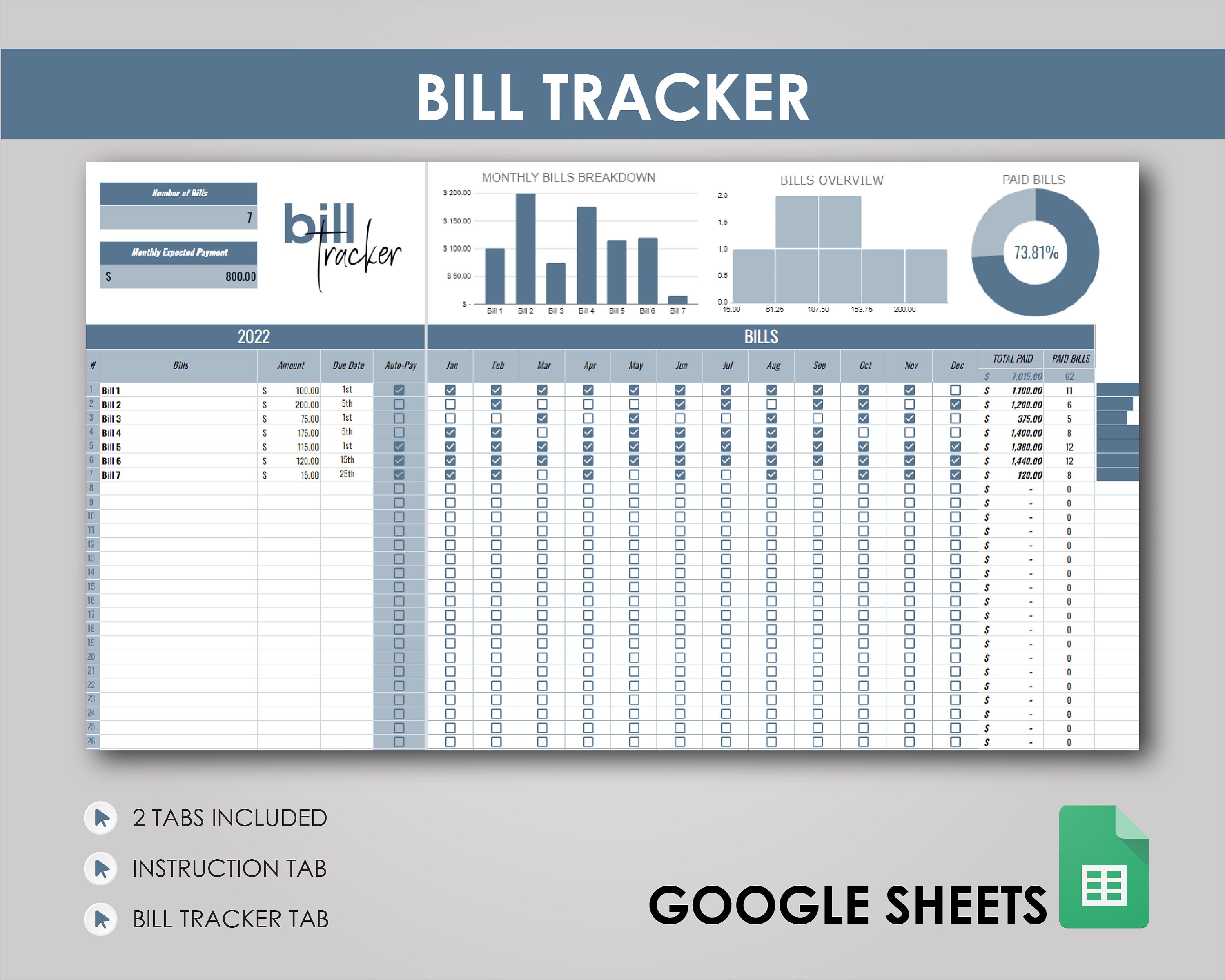 Blue-themed Bill Tracker: Google Sheet Template Monthly - Etsy