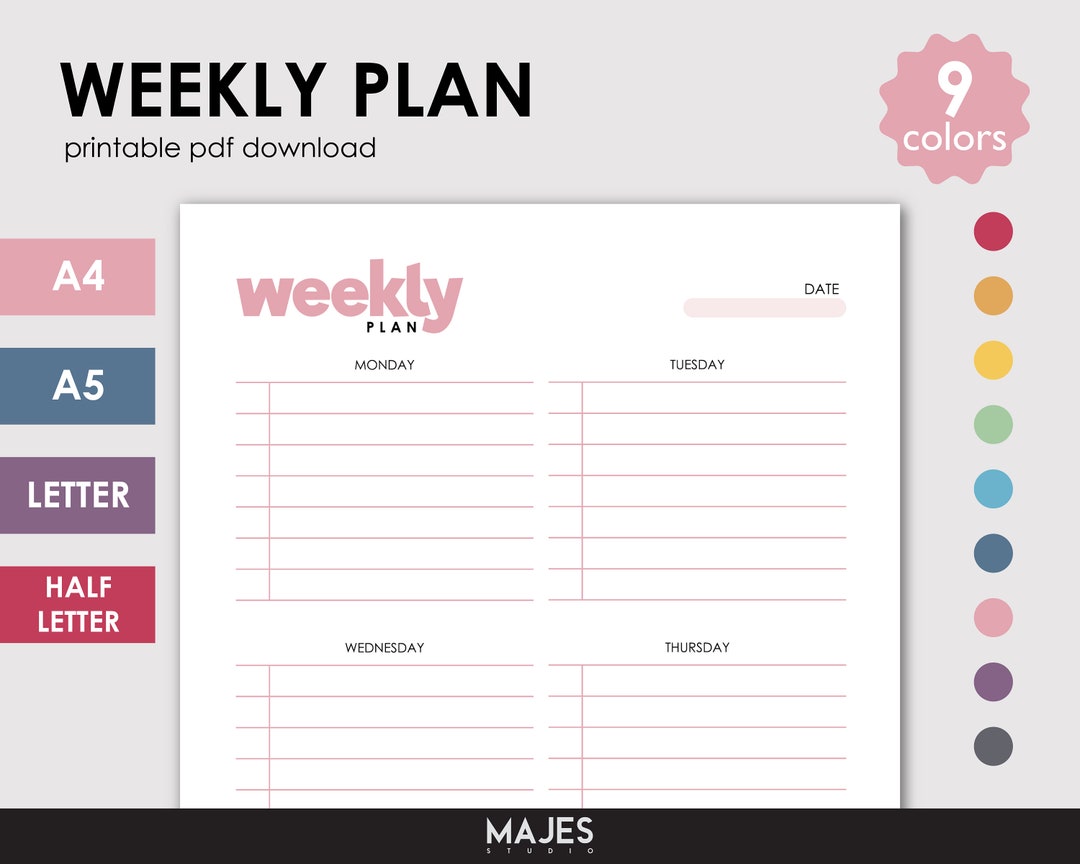 Colorful Weekly Planner Printable, Undated Schedule (digital Download ...