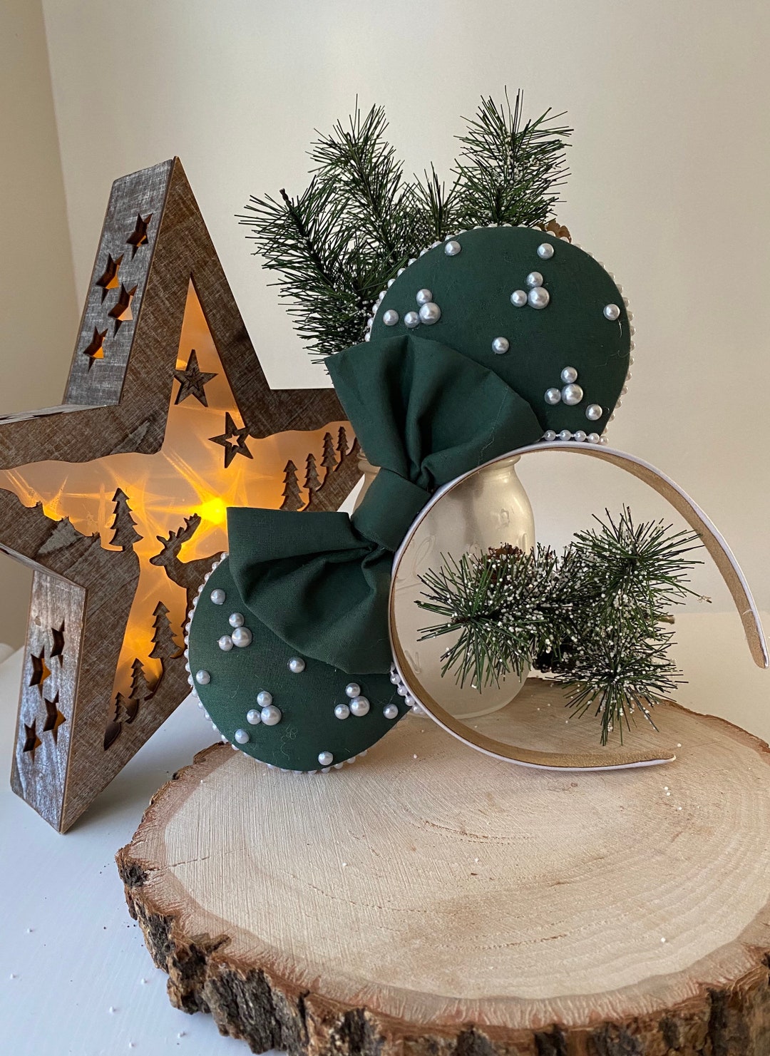 Hunter Green Ears With Hunter Green Bow and Embellished Pearls Handmade ...