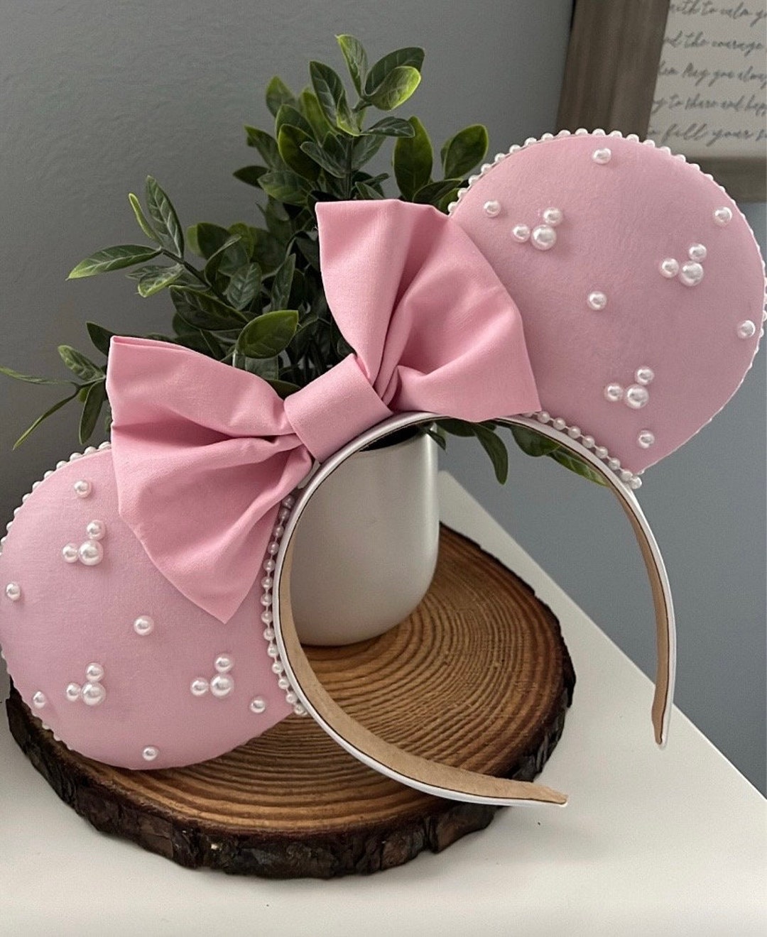 Pastel Pink Ears With Pastel Pink Bow and Embellished Pearls - Handmade ...