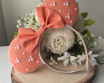 Pastel Pink Ears With Pastel Pink Bow and Embellished Pearls - Handmade ...