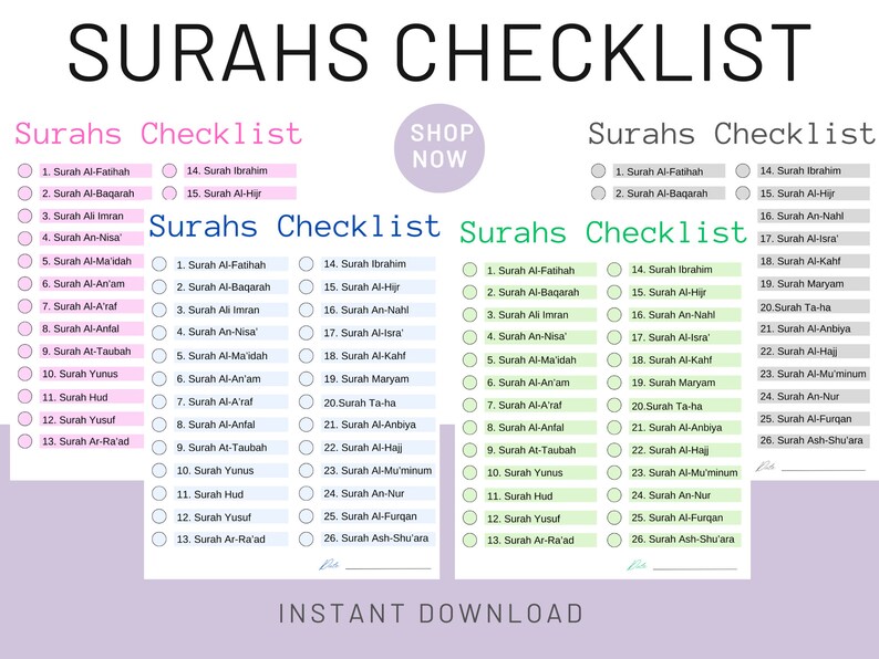 Surah Checklist Quran Progress Tracker Islamic Planner Quran Reading ...