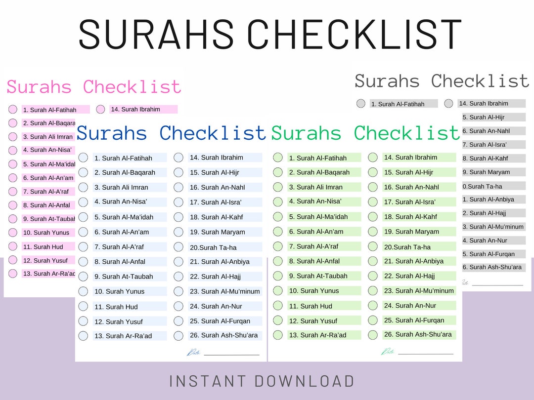 Surah Checklist, Quran Tracker, Islamic Planner, Quran Reading Journal ...