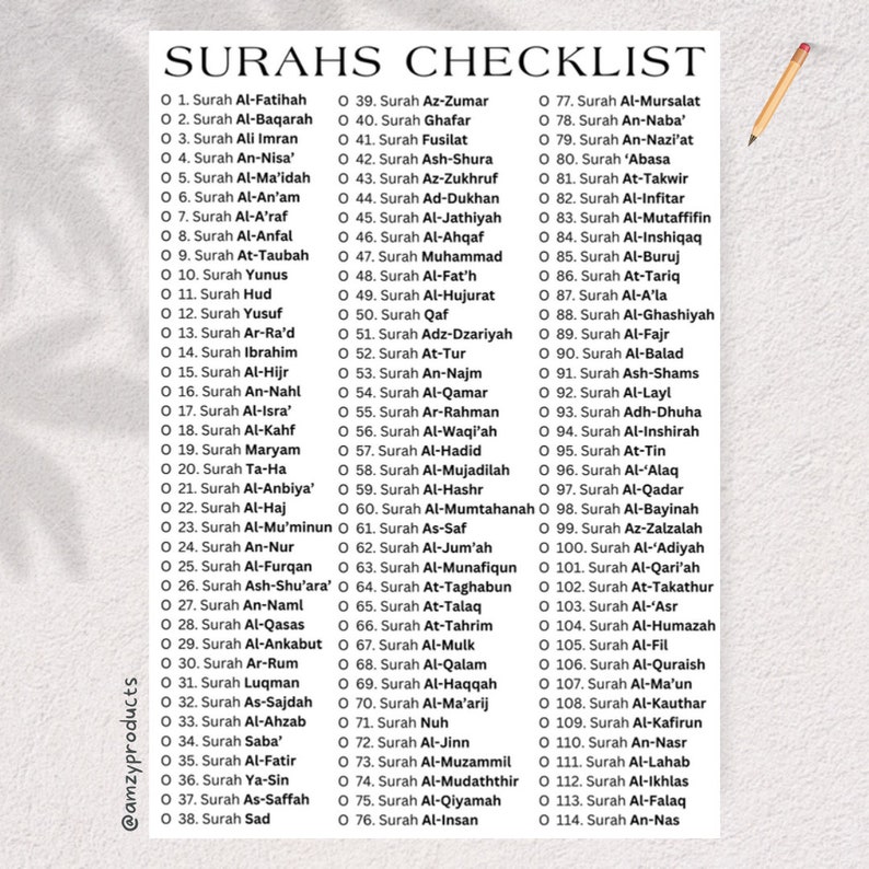 Surah Checklist Quran Progress Tracker Islamic Planner Quran Reading ...