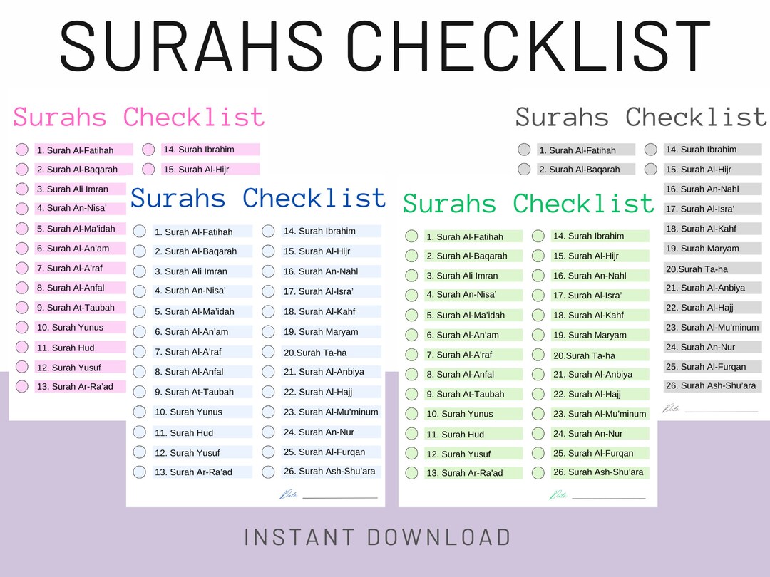 Surah Checklist Printable, Surah Tracker, Quran Tracker, Recitation ...