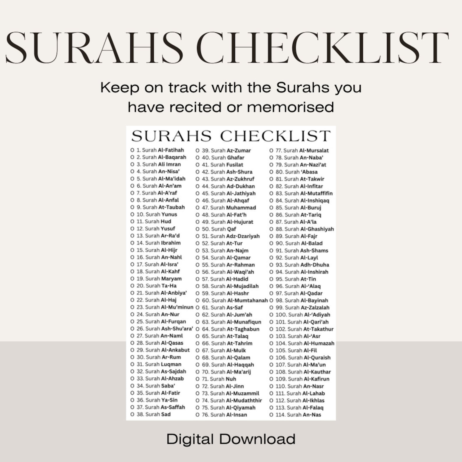 Surah Checklist Quran Progress Tracker Islamic Planner Quran Reading ...
