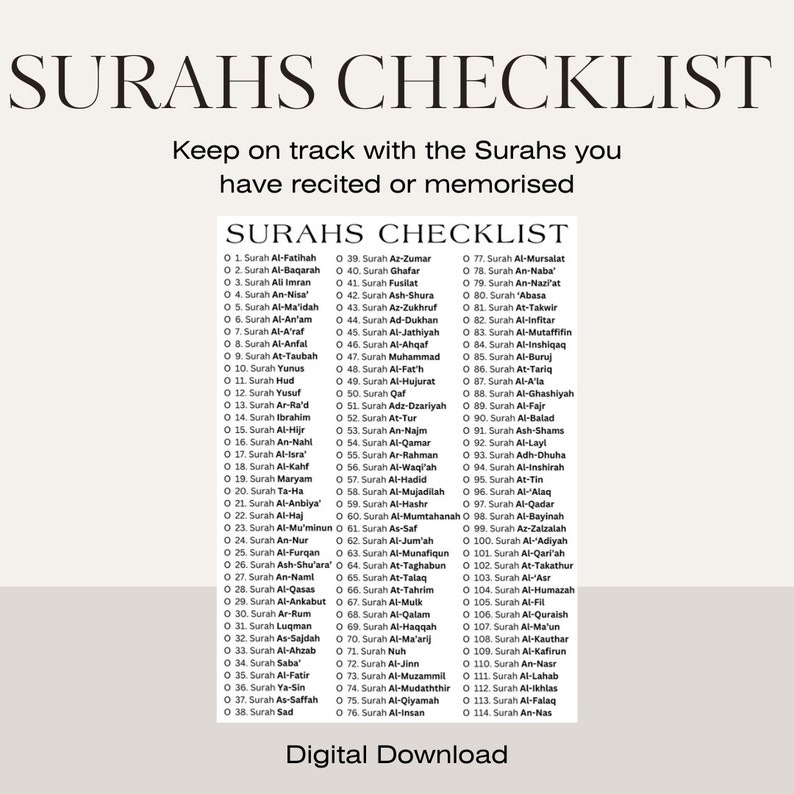 Surah Checklist Quran Progress Tracker Islamic Planner Quran Reading ...