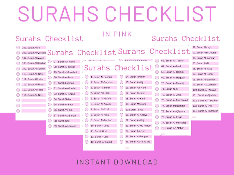 Surah Checklist Quran Progress Tracker Islamic Planner Quran Reading ...