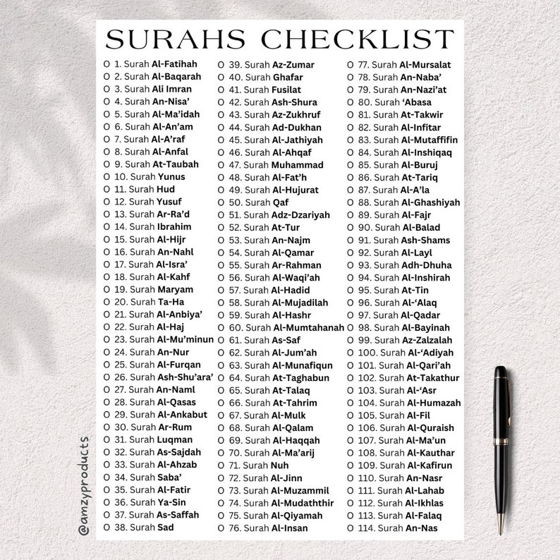 Surah Checklist Quran Progress Tracker Islamic Planner Quran Reading ...