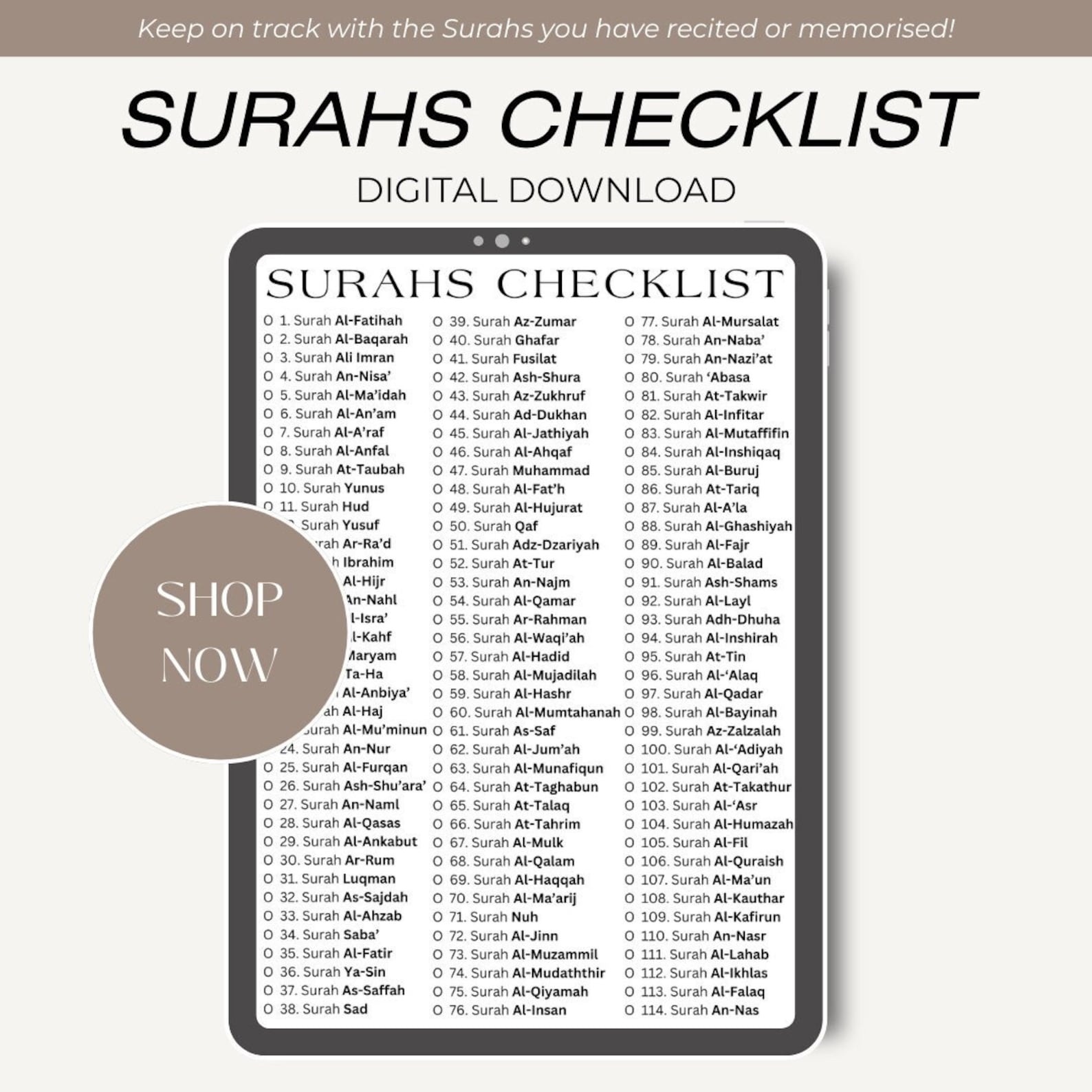 Surah Checklist Quran Progress Tracker Islamic Planner Quran Reading ...