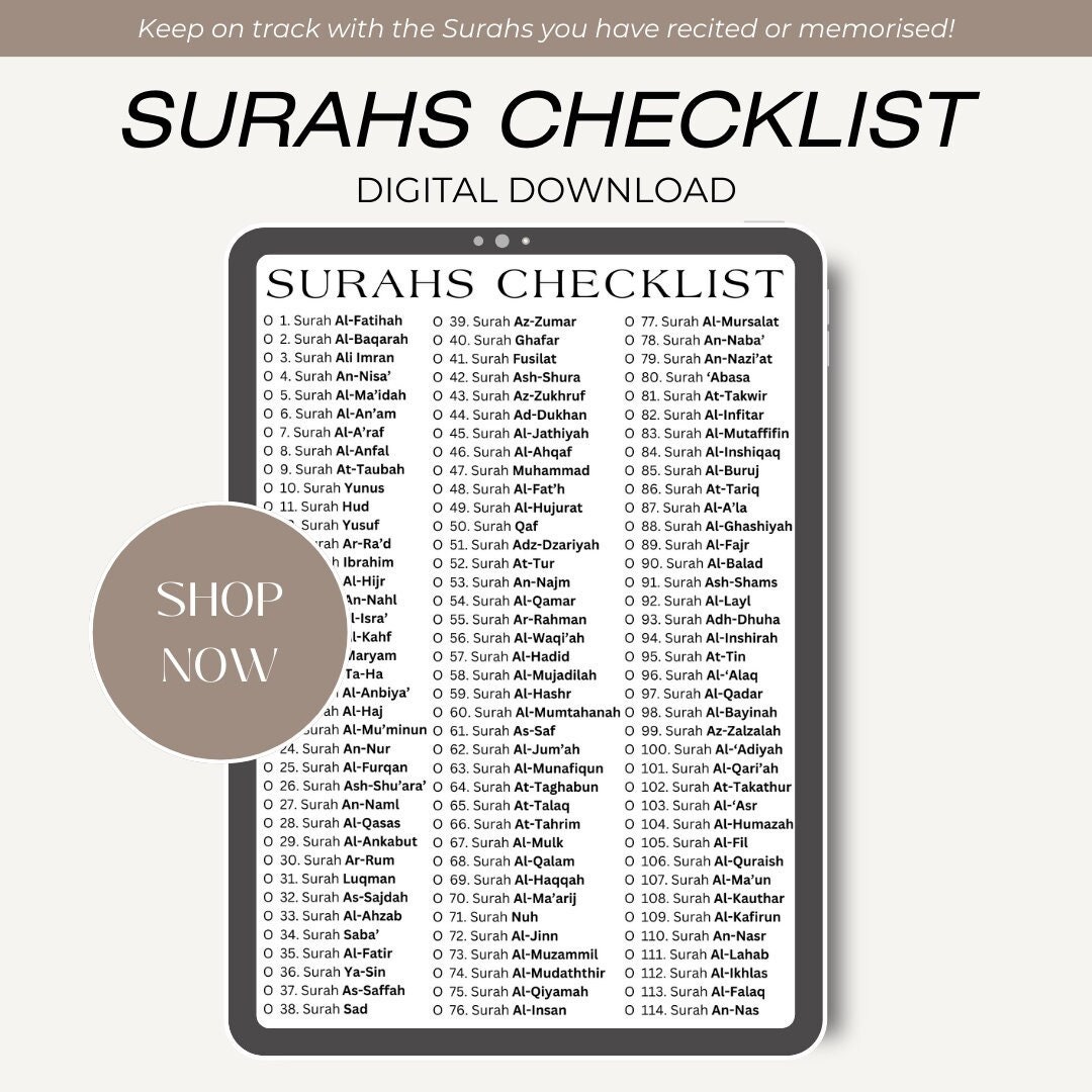 Surah Checklist Quran Progress Tracker Islamic Planner Quran Reading ...