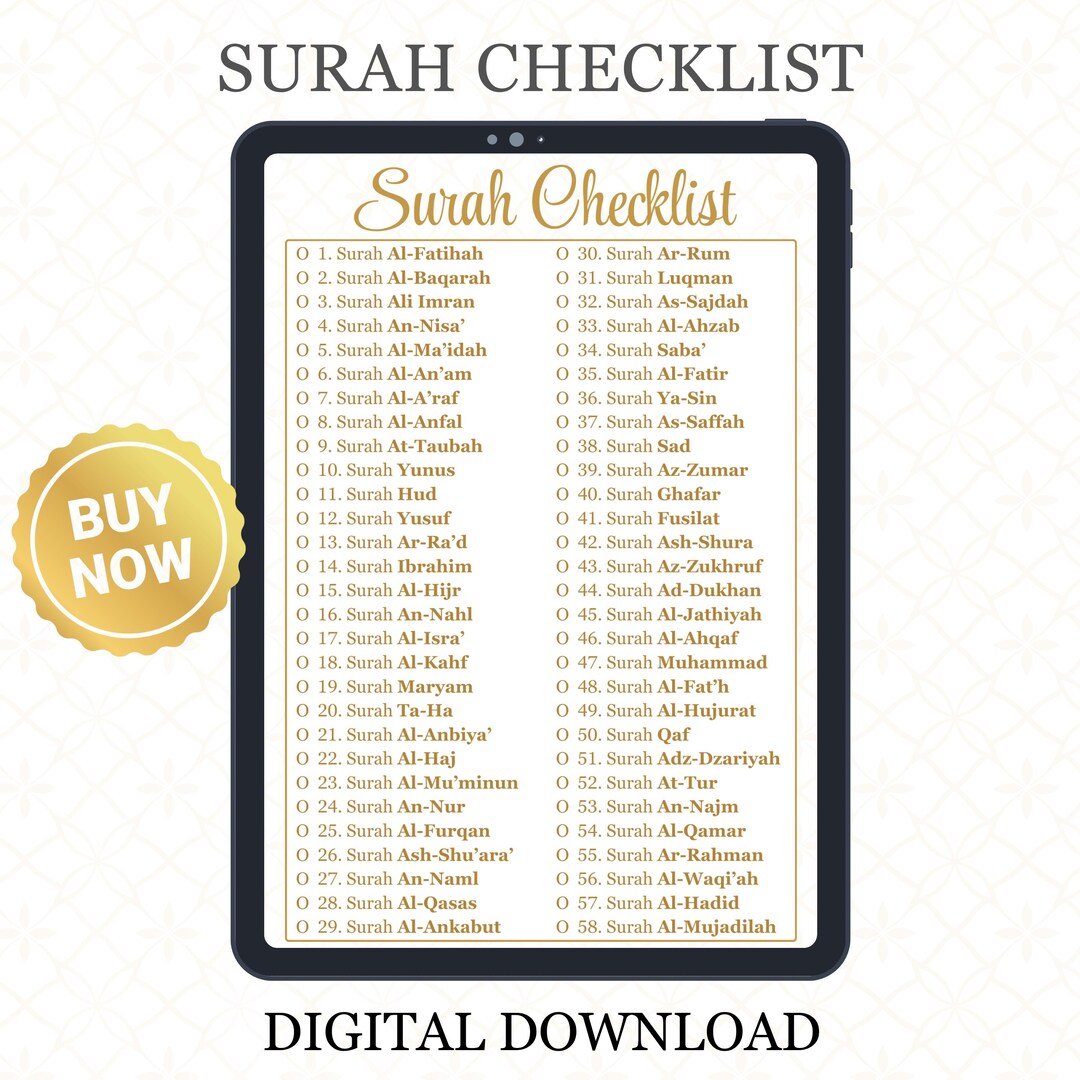Surah Checklist Quran Progress Tracker Islamic Planner Quran Reading ...