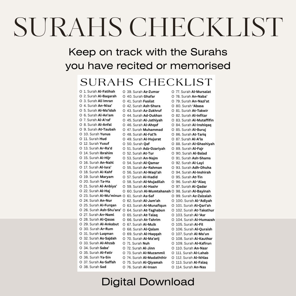 Surah Checklist Quran Progress Tracker Islamic Planner Quran Reading ...