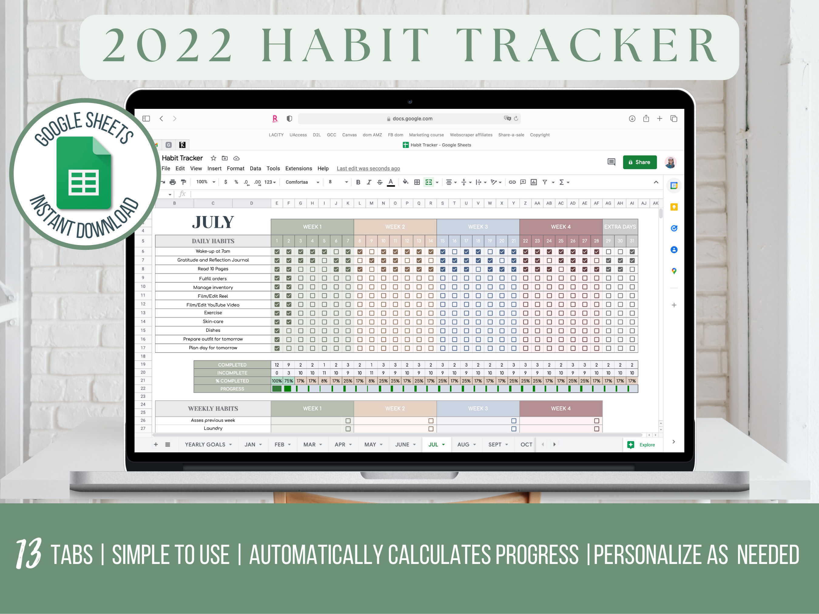 2022 Habit Goal Tracker GOOGLE SHEETS Spreadsheet, Goal Setting ...