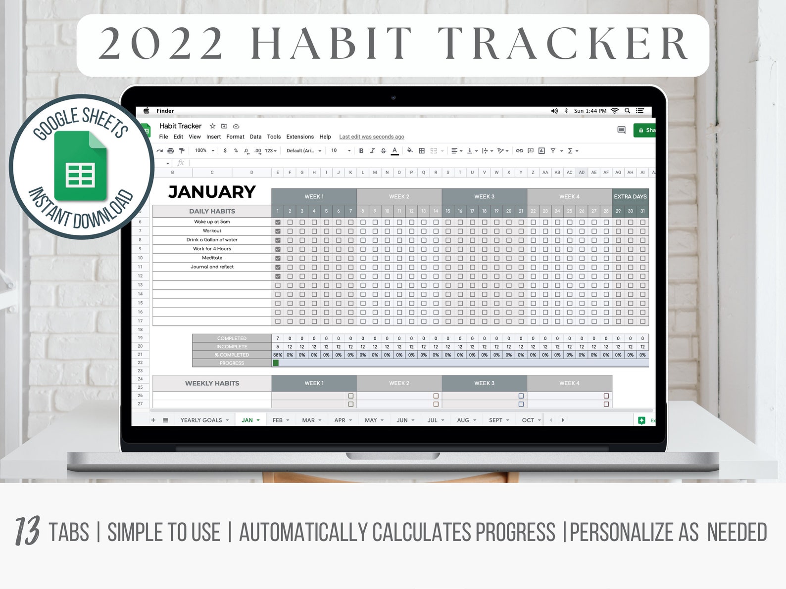 2022 Habit Goal Tracker GOOGLE SHEETS Spreadsheet, Goal Setting ...