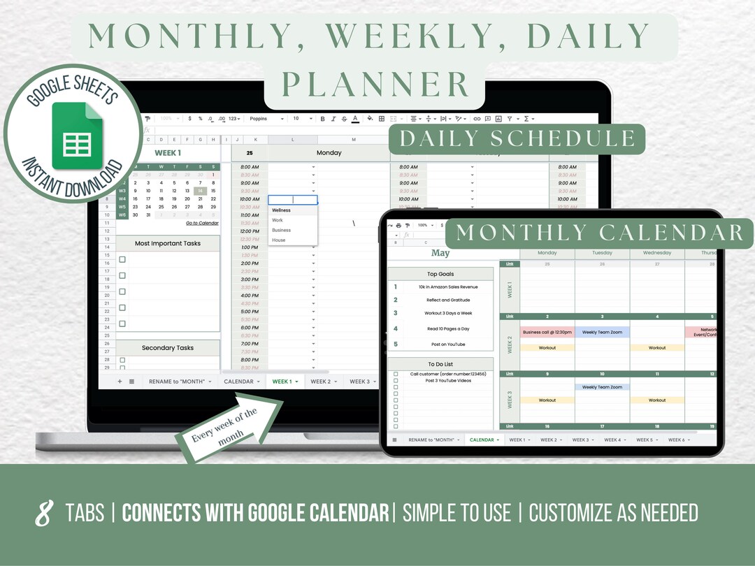 Digital GOOGLE SHEETS Daily Agenda Habit Goal Tracker, Weekly Goals ...