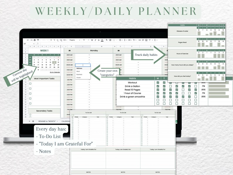 Digital GOOGLE SHEETS Daily Agenda Habit Goal Tracker, Weekly Goals ...