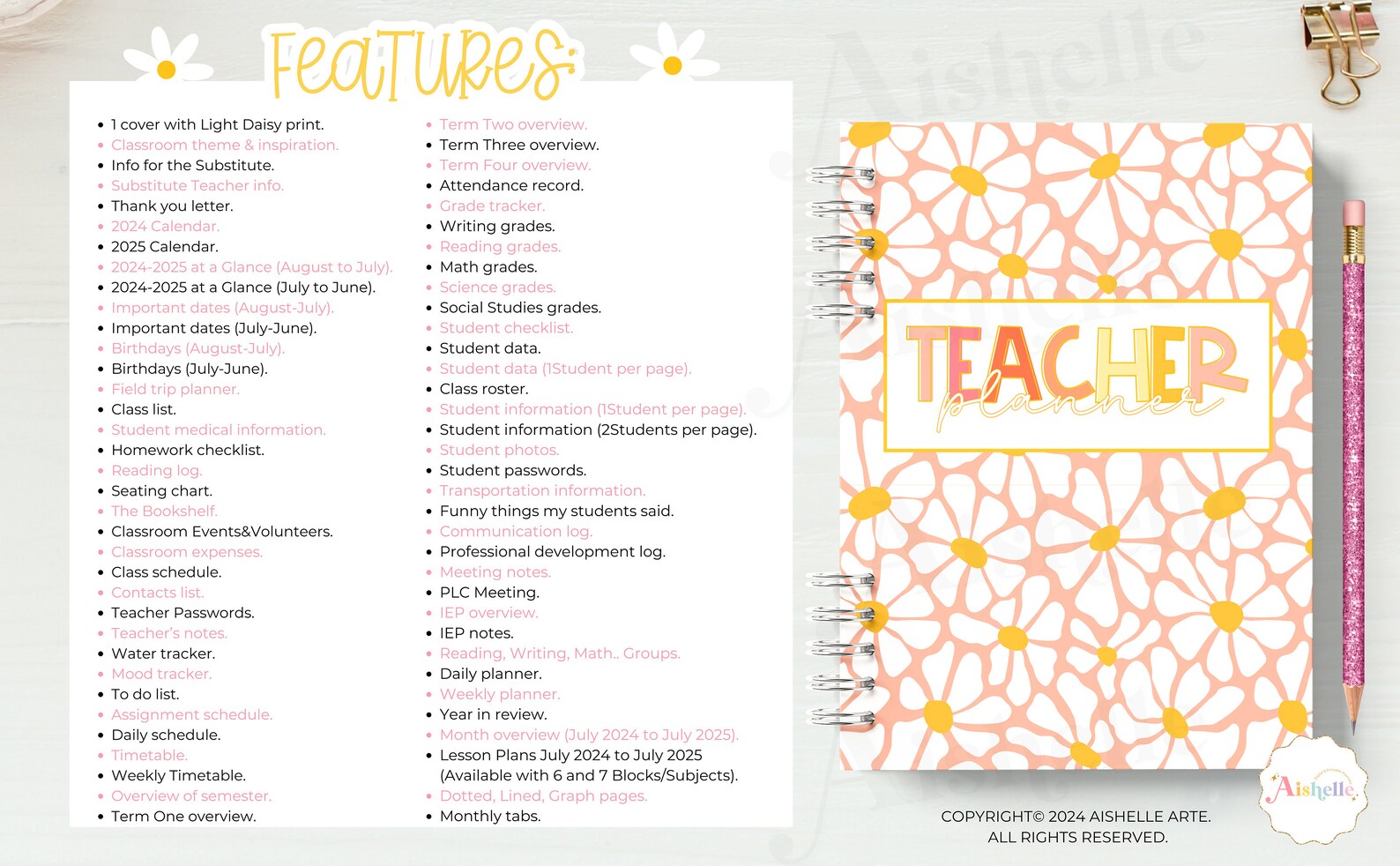 Printable Teacher Planner 2024-2025 Teacher Binder Light Daisy Planner ...