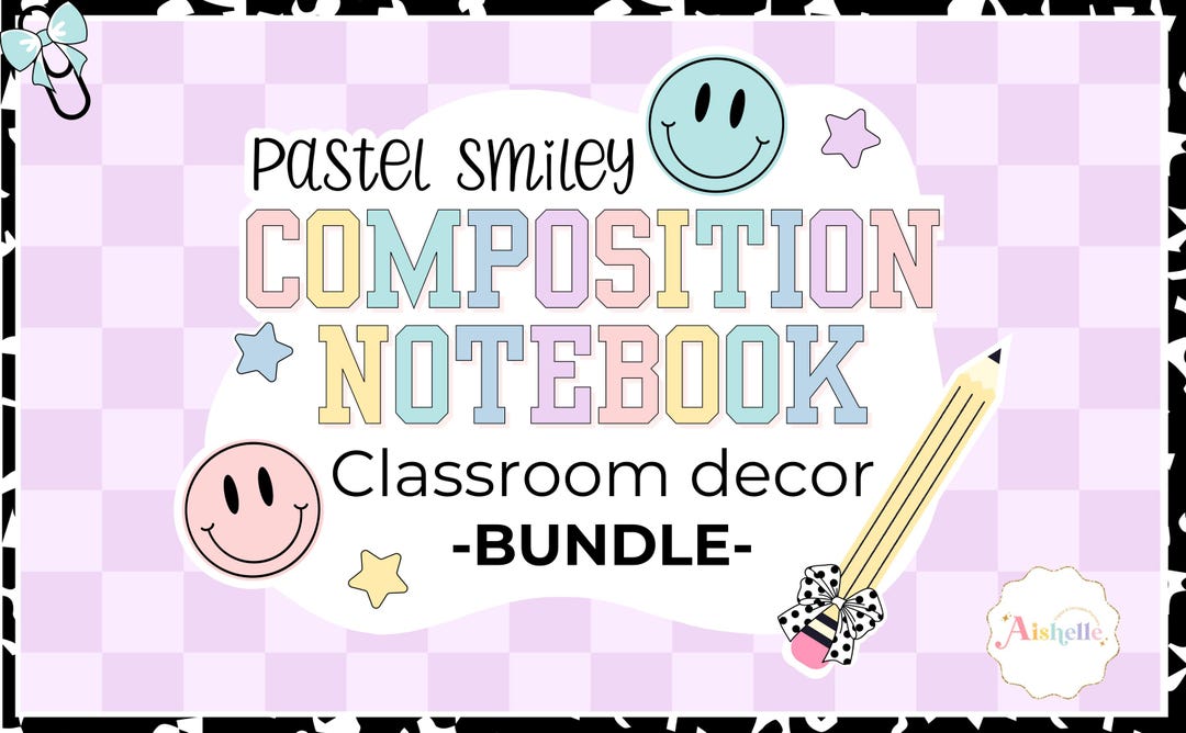 Editable Pastel Smiley Composition Notebook Classroom Decor Bundle ...