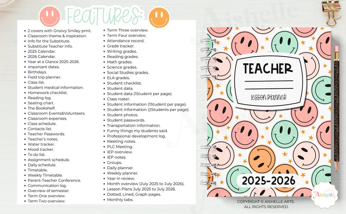 Printable Teacher Planner 2025-2026 | Teacher Binder | Groovy Smiley ...