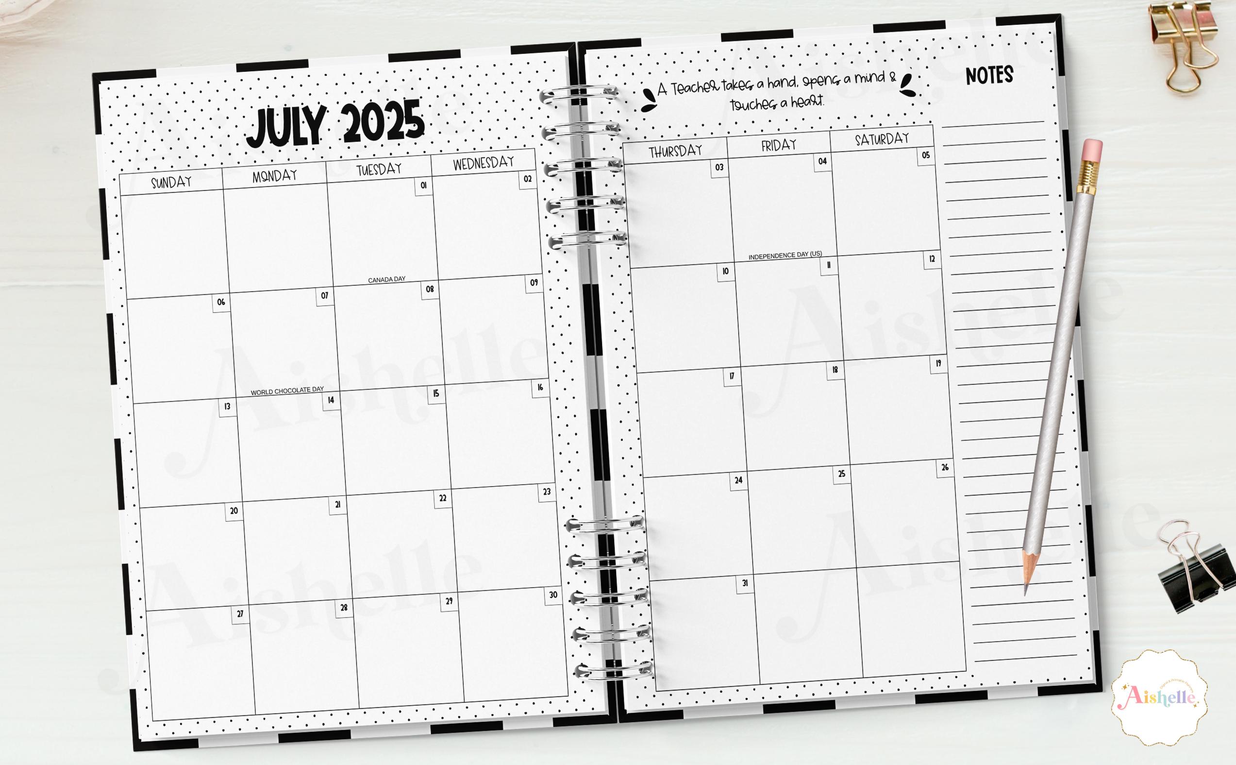 Printable Teacher Planner 2025-2026 | Teacher Binder | Black & White ...