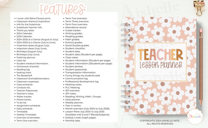 PRINTABLE Teacher Planner 2024-2025 Teacher Binder Boho Flowers Theme ...