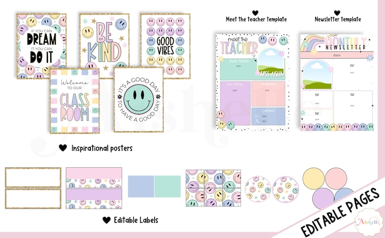 EDITABLE Pastel Smiley Classroom Decor Bundle - PERSONAL USE - Etsy