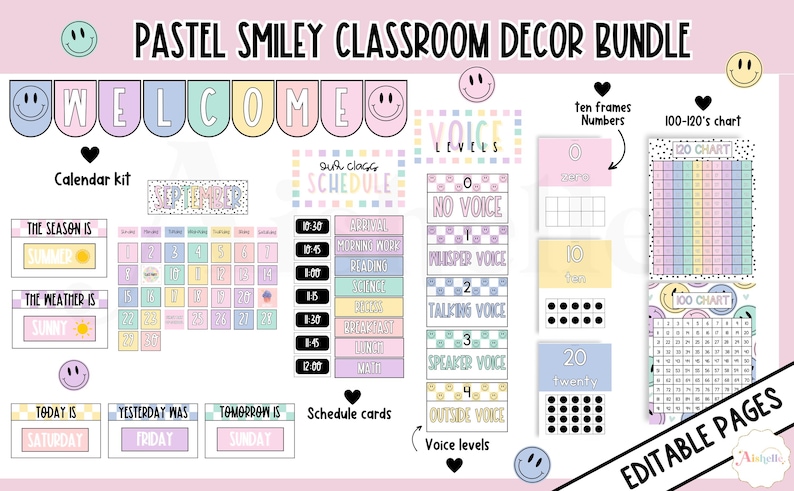 EDITABLE Pastel Smiley Classroom Decor Bundle - PERSONAL USE - Etsy