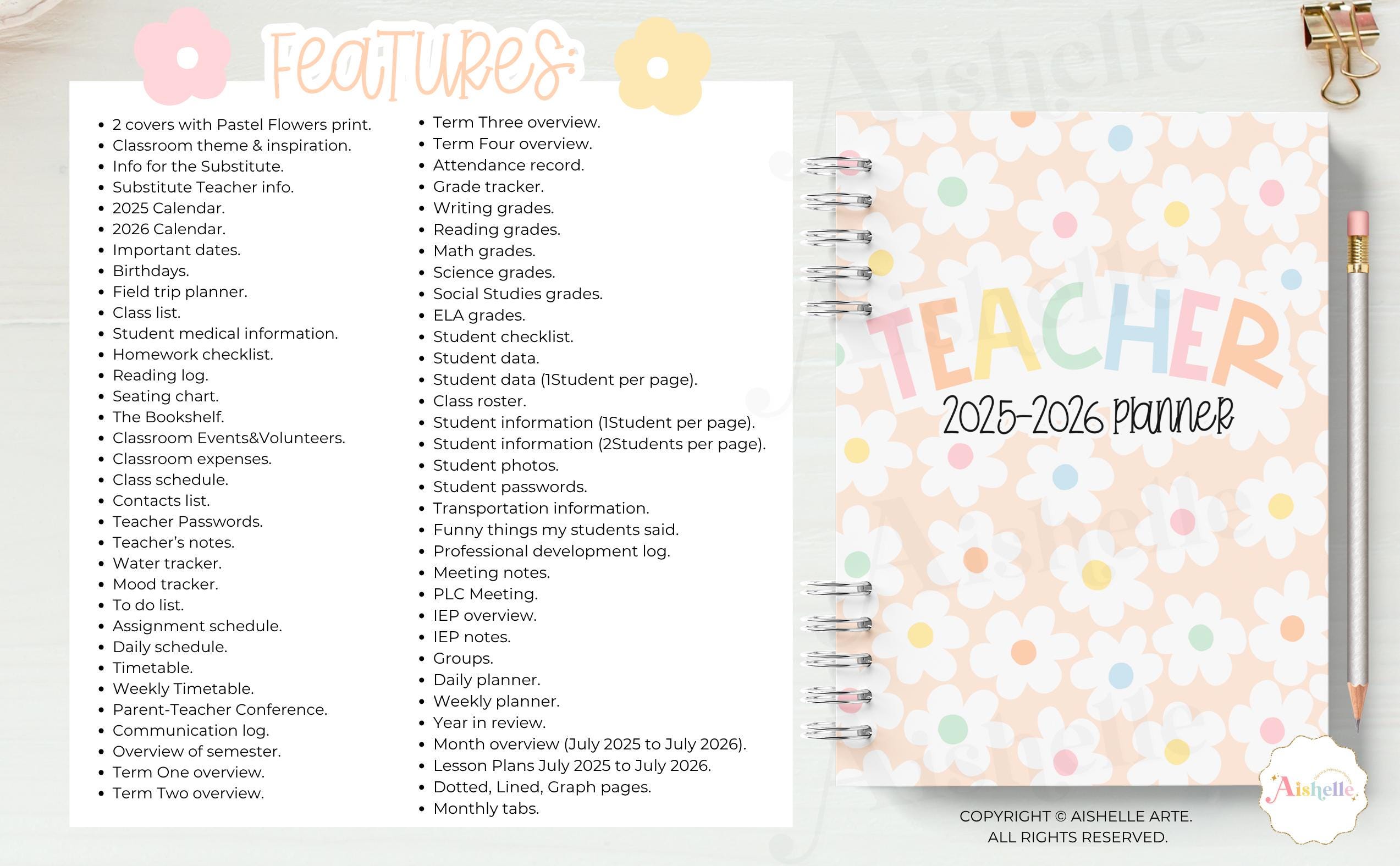 2025-2026 Teacher Planner Printable | Teacher Binder | Pastel Flowers ...