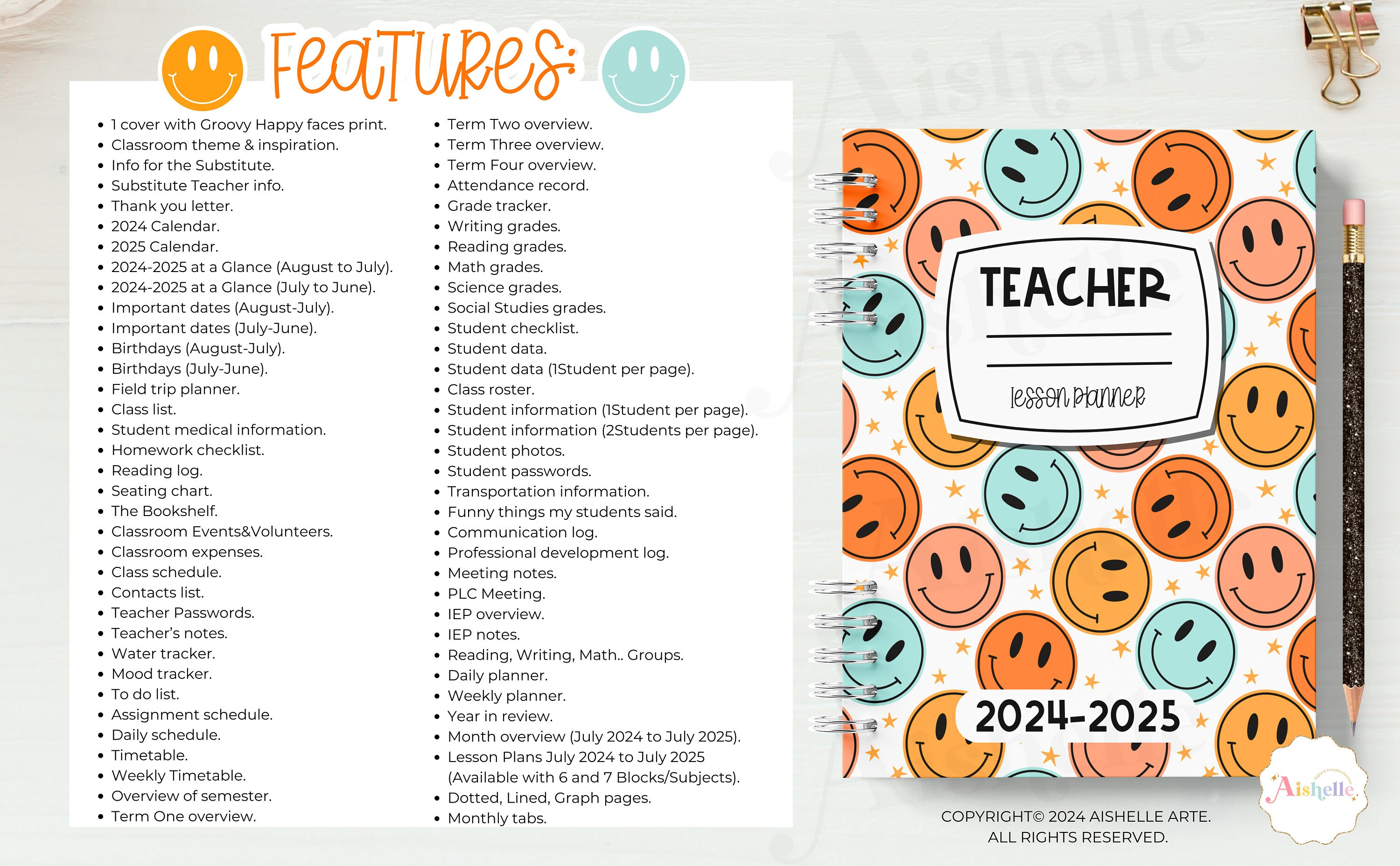 2024-2025 Teacher Planner Printable Teacher Binder Groovy Happy Faces ...