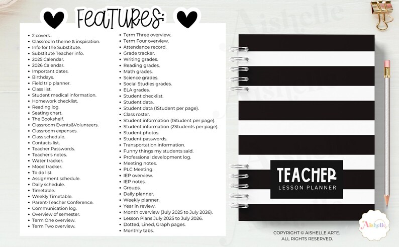 Printable Teacher Planner 2025-2026 | Teacher Binder | Black & White ...