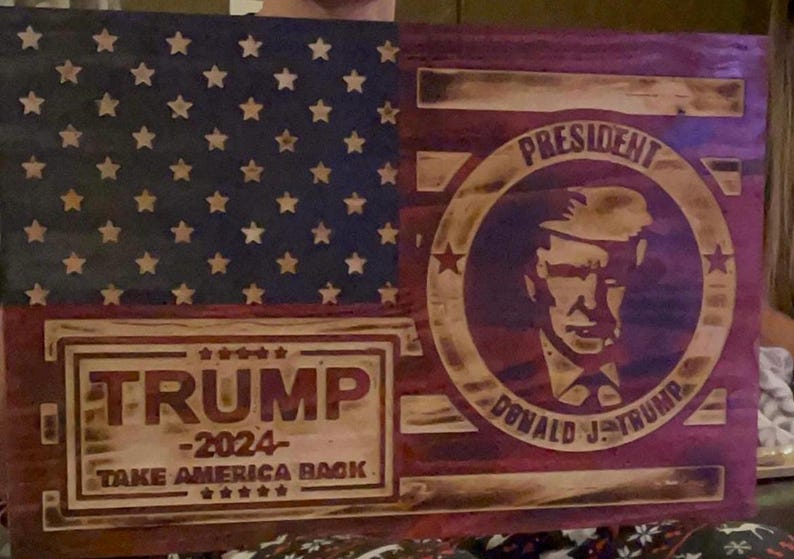 Trump 2024 Wooden American Flag | 30”x16” Handcrafted Rustic Carved ...