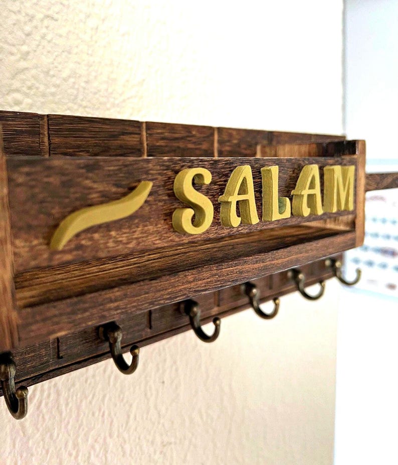 Islamic Rustic Wooden Key Holder - SALAM. Key Storage, and Mail, Wallet ...