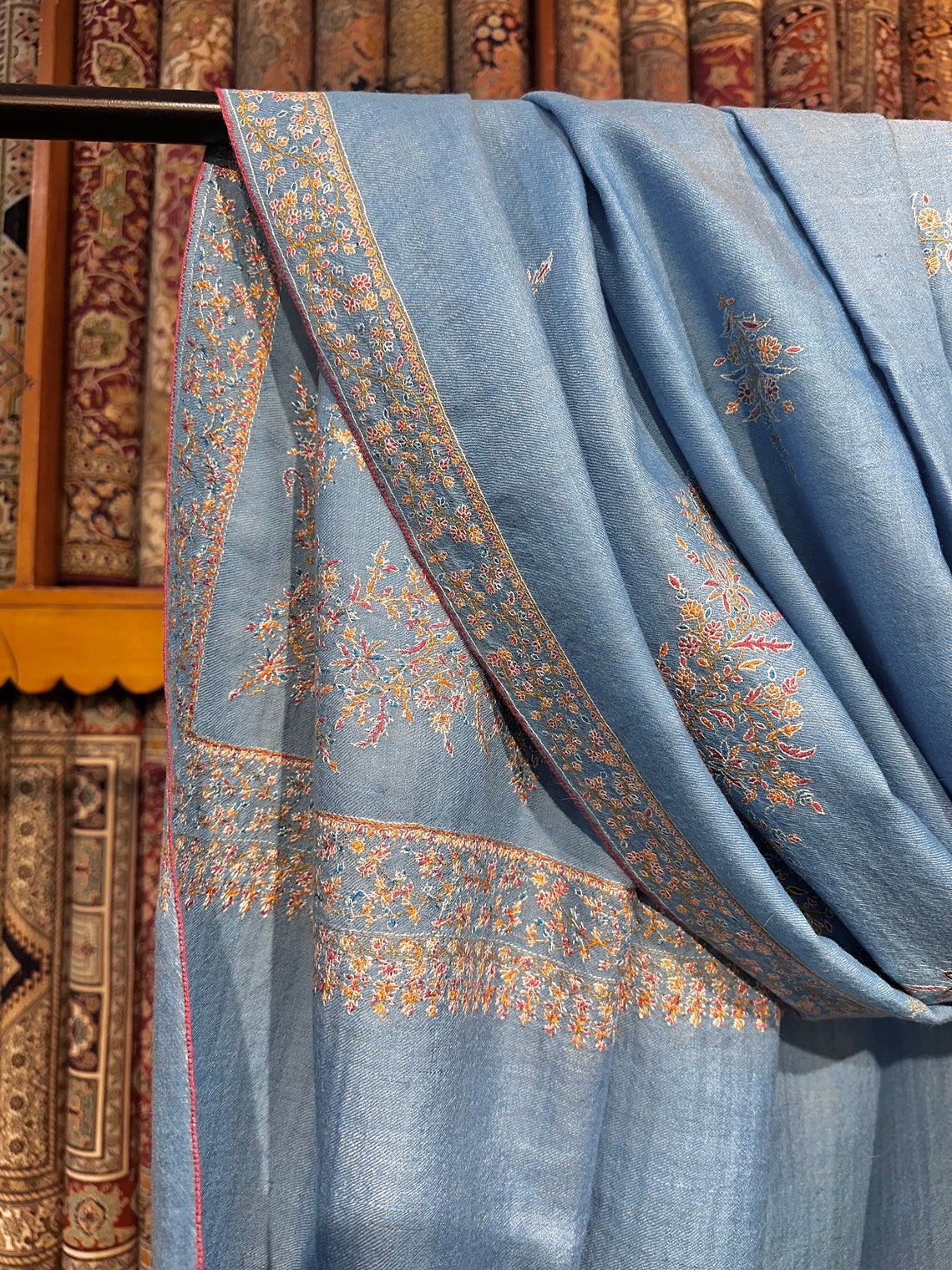 Blue Pashmina Embroidery Shawl, Exclusive Handwoven Wrap, Winter Ladies ...