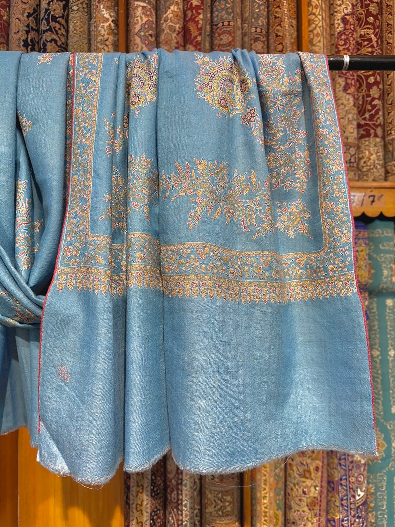 Blue Pashmina Embroidery Shawl, Exclusive Handwoven Wrap, Winter Ladies ...