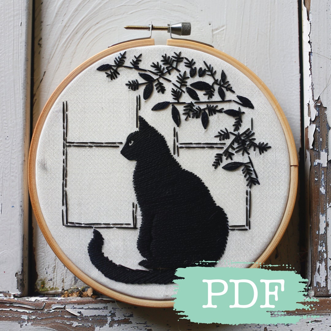 Hand Drawn Black Cat at Window Embroidery Design Handmade Feline Art ...