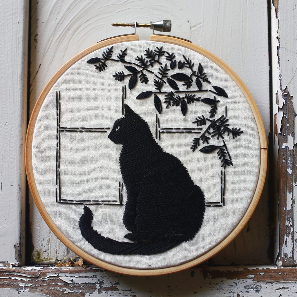 Black Cats Hand Embroidery Pattern Window Needlework Design Wall Décor ...