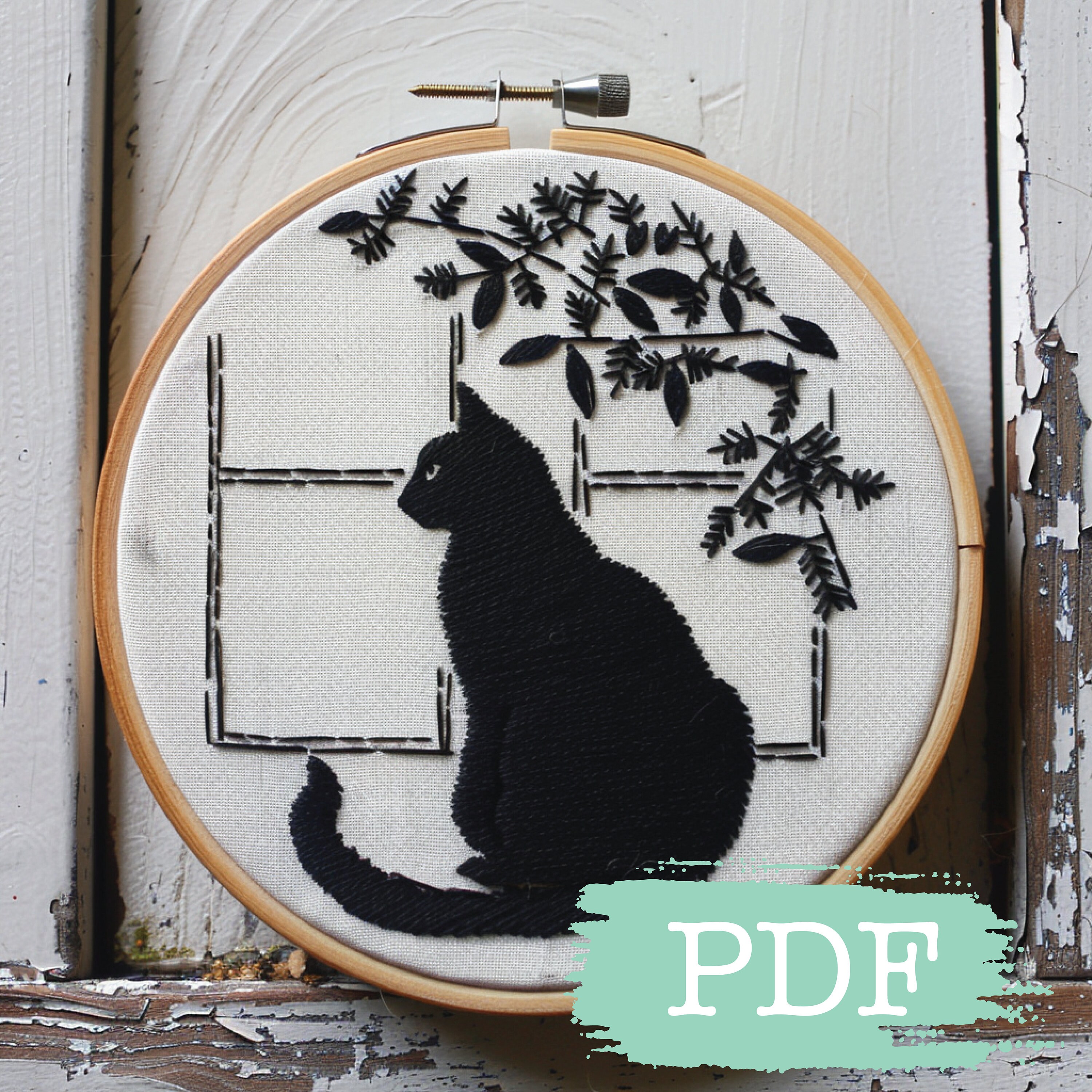 Black Cats Hand Embroidery Pattern Window Needlework Design Wall Décor ...