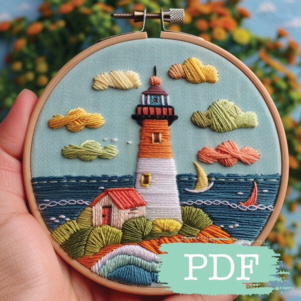 Cloudy Lighthouse Embroidery Pattern Modern Sea Art Home Décor Summer ...