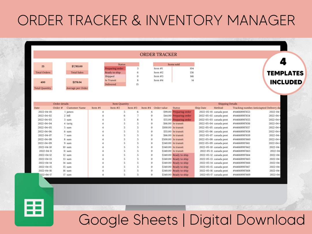 Order Tracker Spreadsheet, Inventory Manager, Order Tracker Google ...