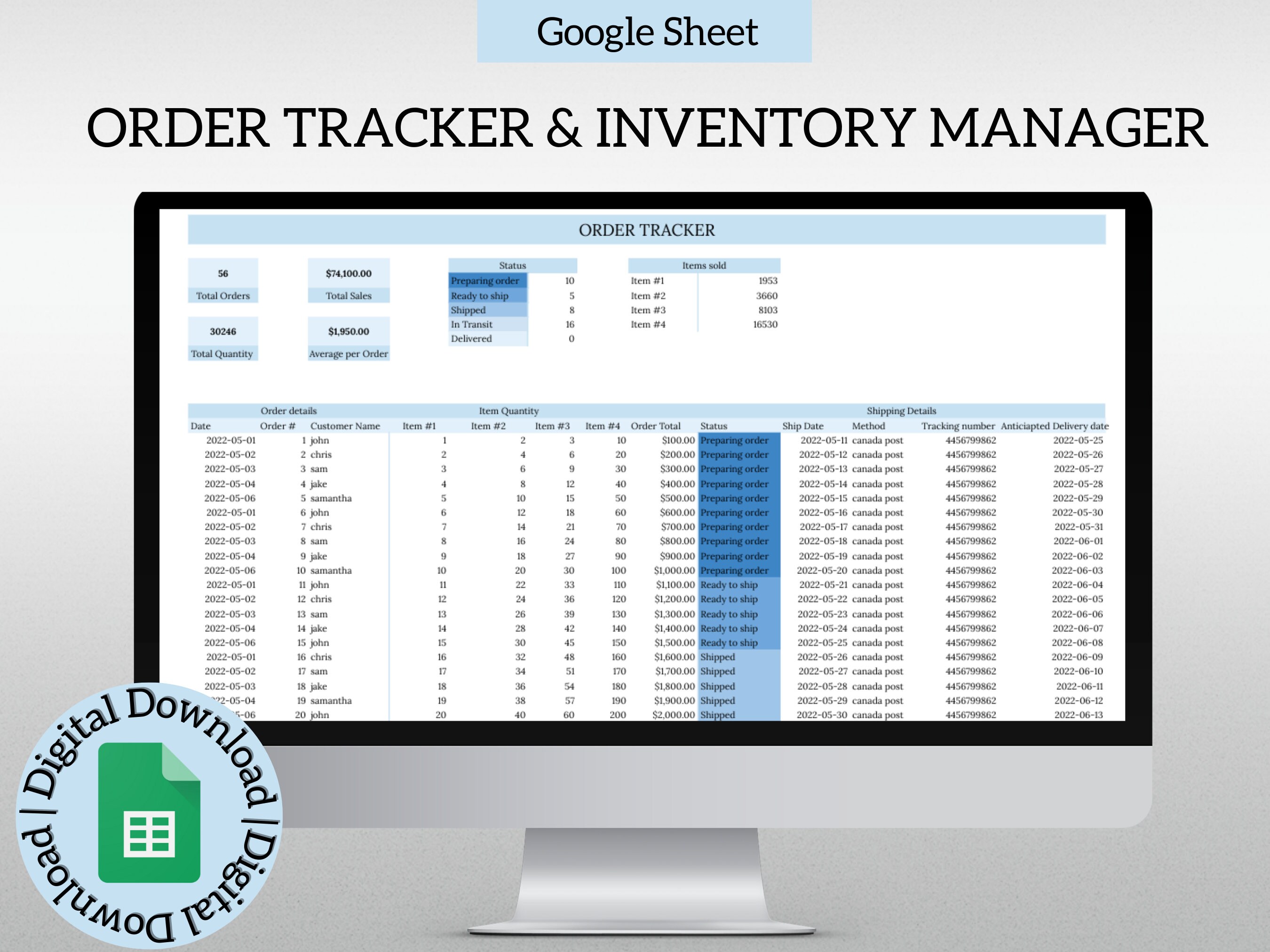 Order Tracker Spreadsheet, Inventory Manager, Order Tracker Google ...